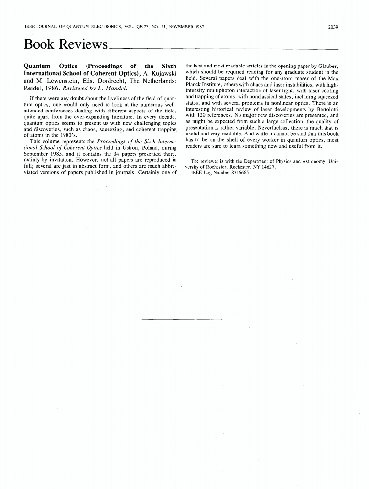 Quantum optics (Proceedings of the Sixth International School of ...