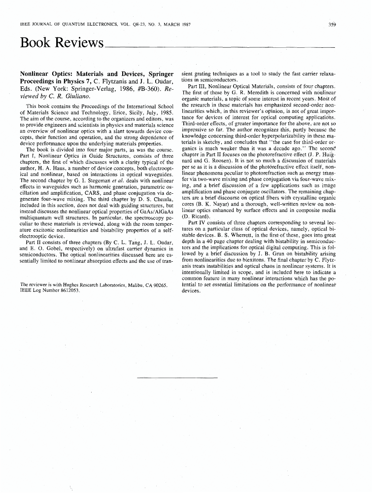 Nonlinear optics: Materials and devices, springer proceedings in ...