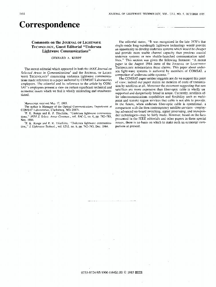 Comments on the Journal of Lightwave Technology, guest editorial ...