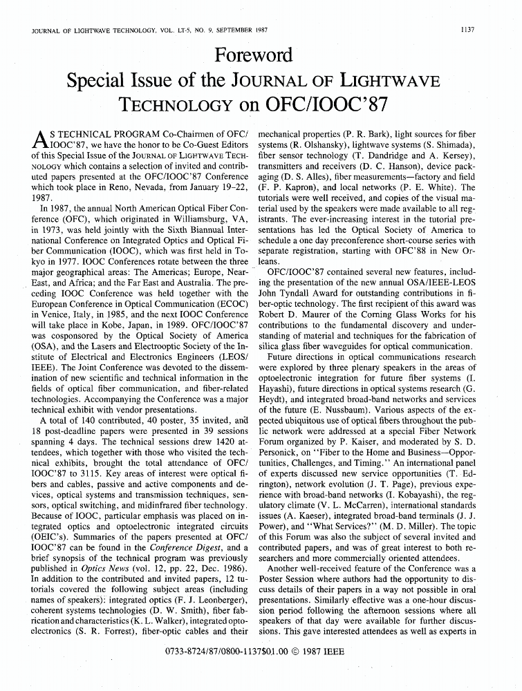 Foreword - Special issue of the Journal of Lightwave Technology on OFC ...