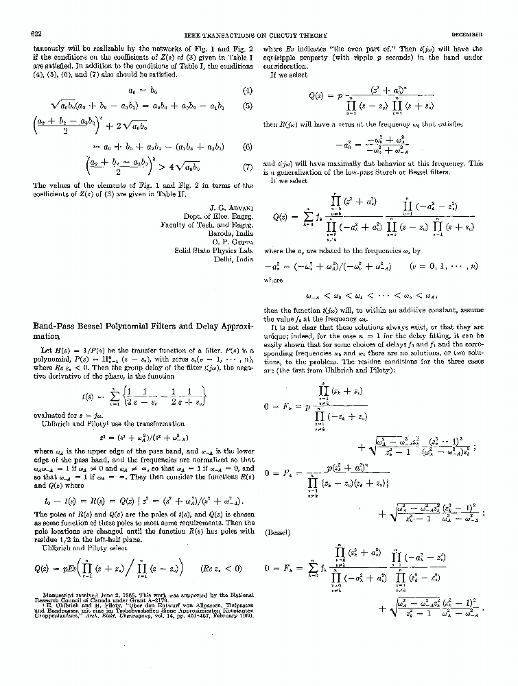 Band-Pass Bessel Polynomial Filters and Delay Approximation | IEEE Journals & Magazine | IEEE Xplore