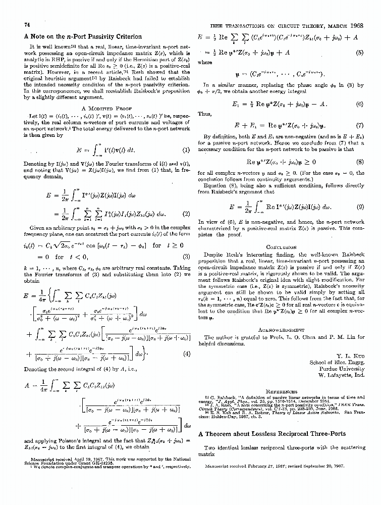 A Note On The N Port Passivity Criterion Ieee Journals And Magazine Ieee Xplore