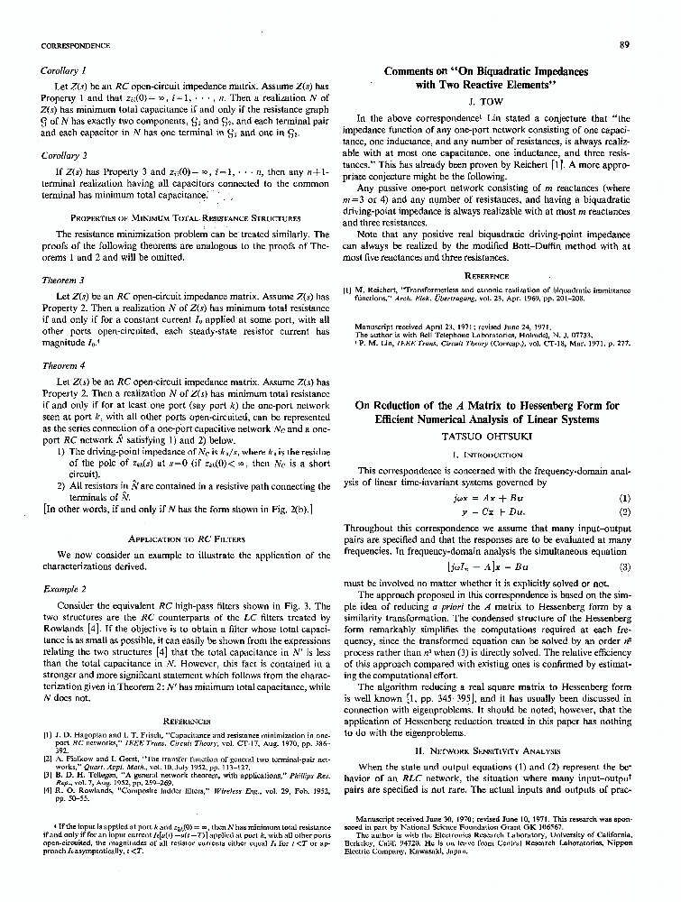 On Reduction of the A Matrix to Hessenberg Form for Efficient Numerical ...