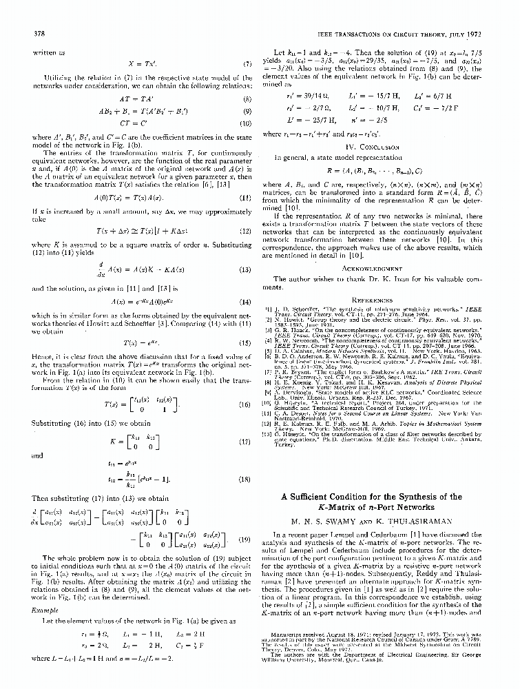 A Sufficient Condition For The Synthesis Of The K Matrix Of N Port Networks Ieee Journals