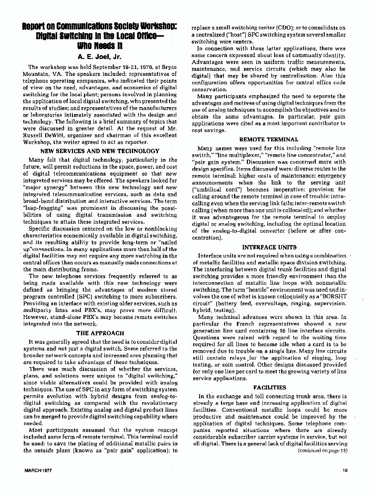 Report on communications society workshop: Digital switching in the ...