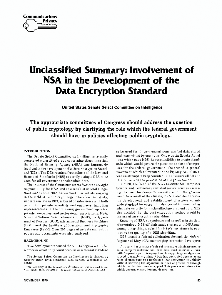 Unclassified summary: Involvement of NSA in the development of the data ...