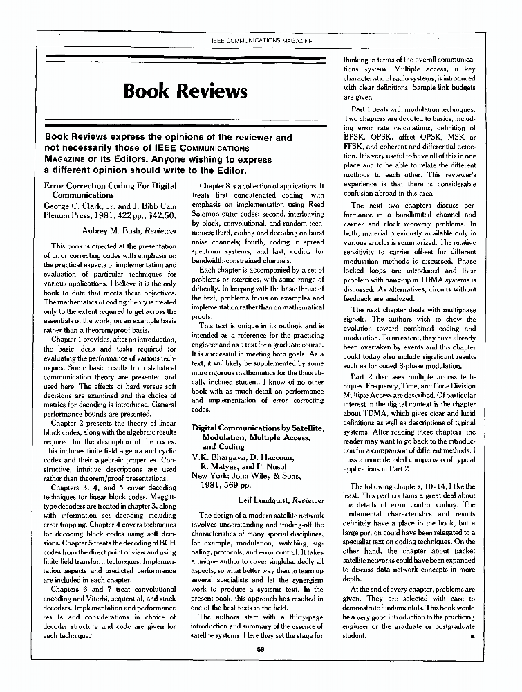 Book reviews - Error correction coding for digital communications ...