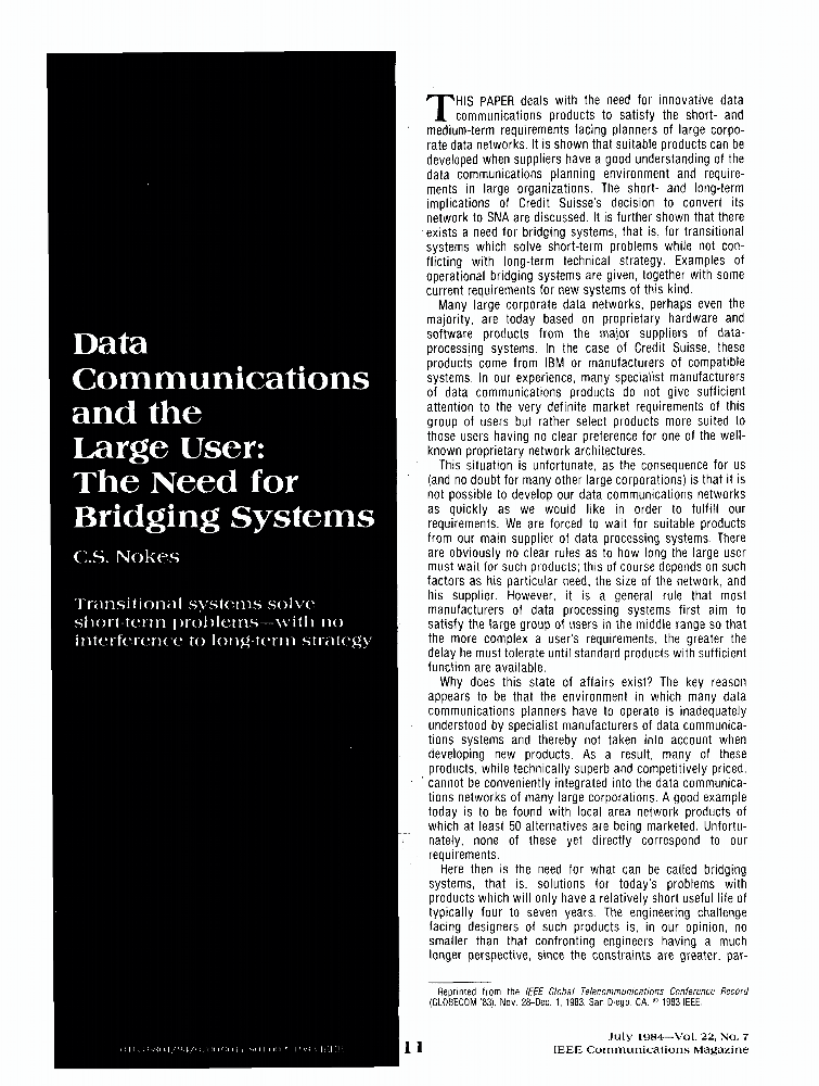 Data communications and the large user: The need for bridging systems ...