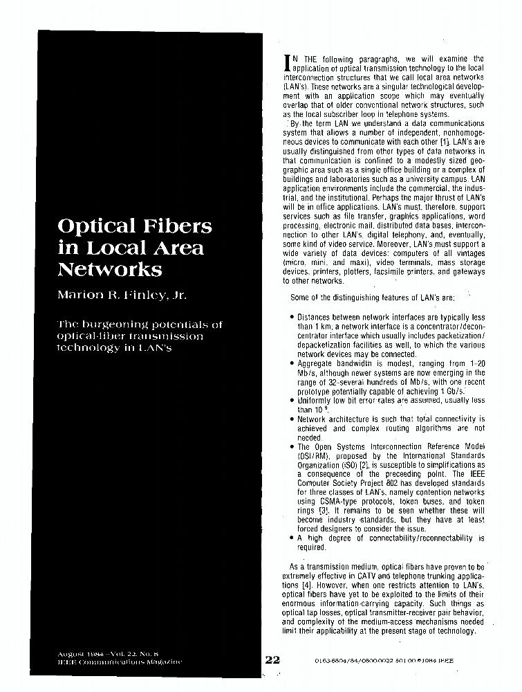 Optical fibers in local area networks | IEEE Journals & Magazine | IEEE ...