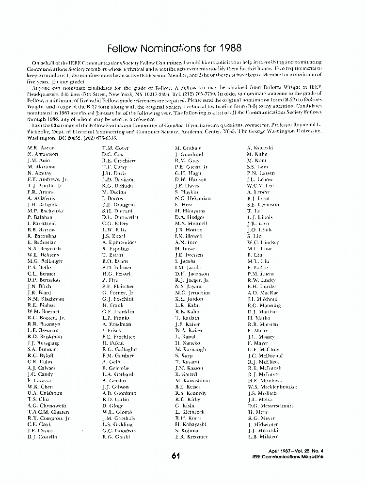 Fellow nominations for 1988 | IEEE Journals & Magazine | IEEE Xplore