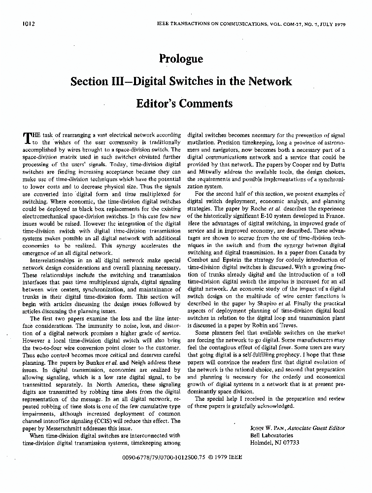 Prologue: Section III - Digital Switches in the Network - Editor's ...