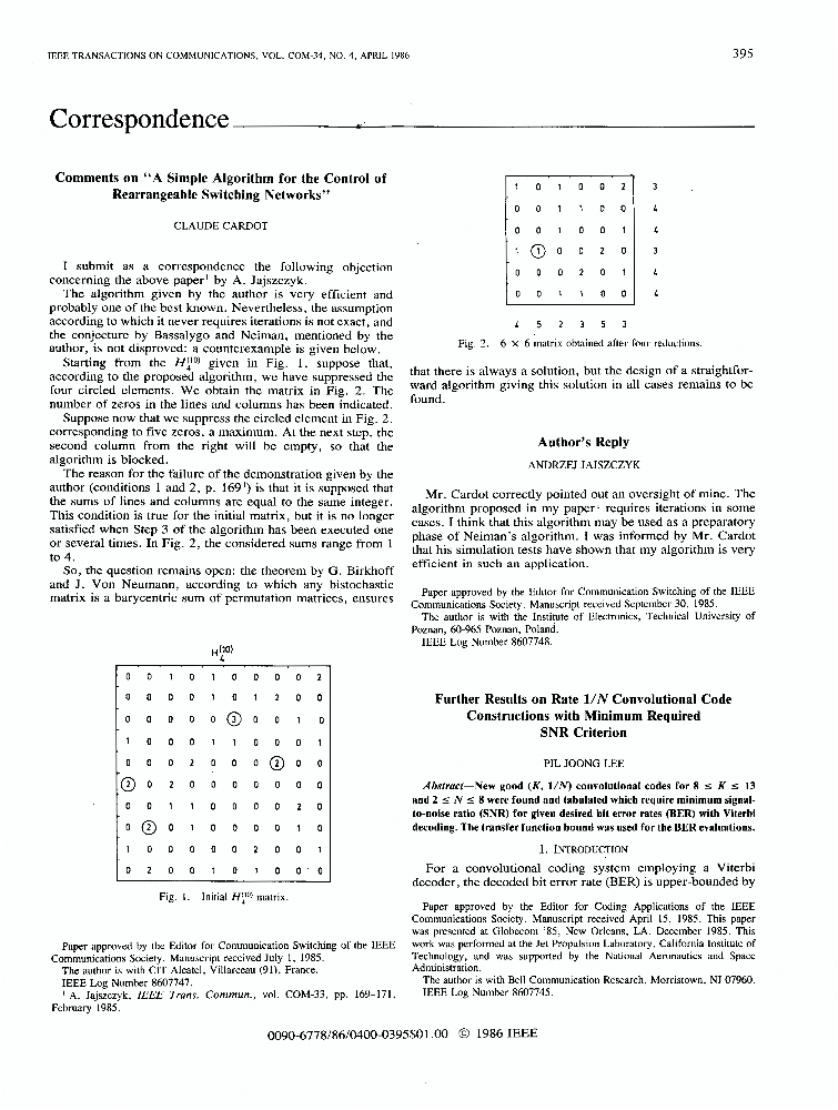 Comments on "A Simple Algorithm for the Control of Rearrangeable Switching Networks" | IEEE ...