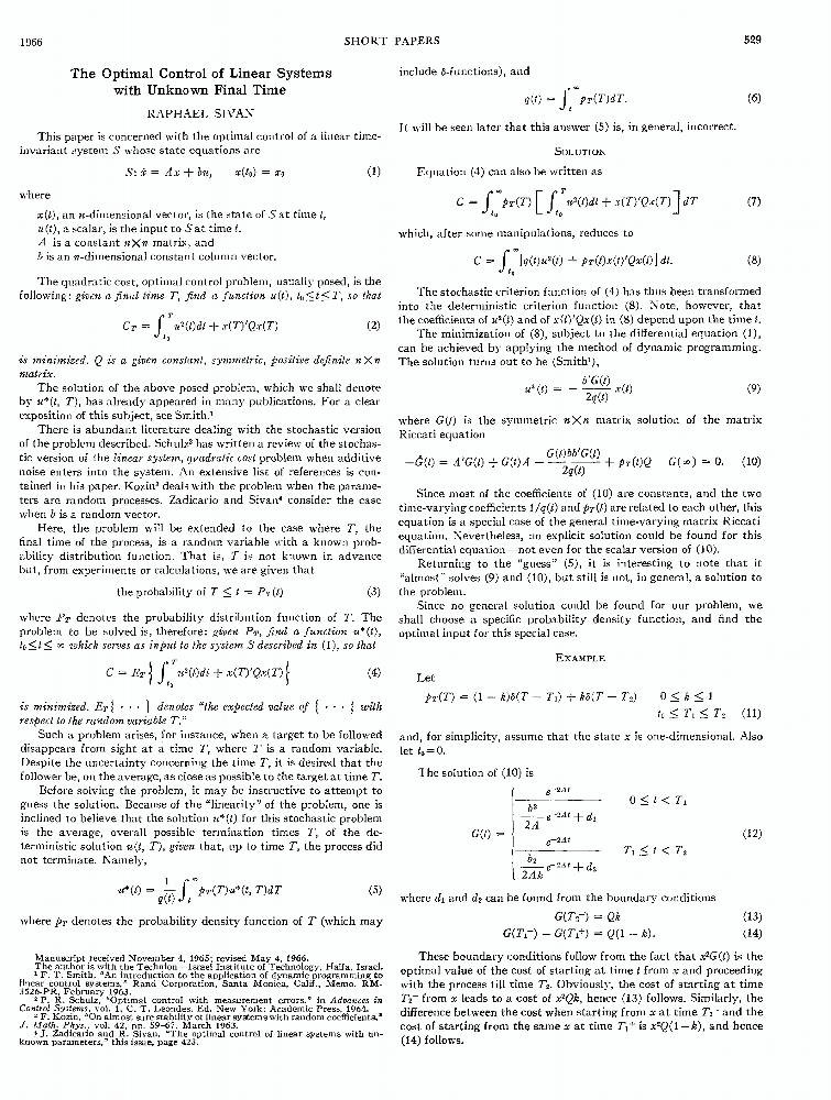 The optimal control of linear systems with unknown final time | IEEE ...