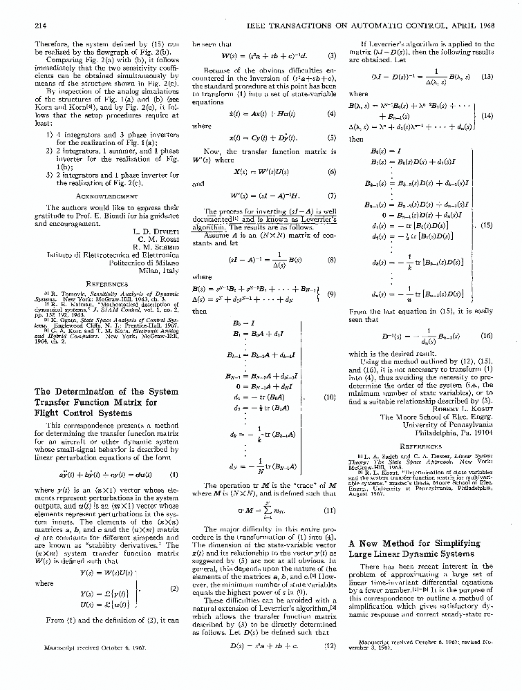 The determination of the system transfer function matrix for flight ...