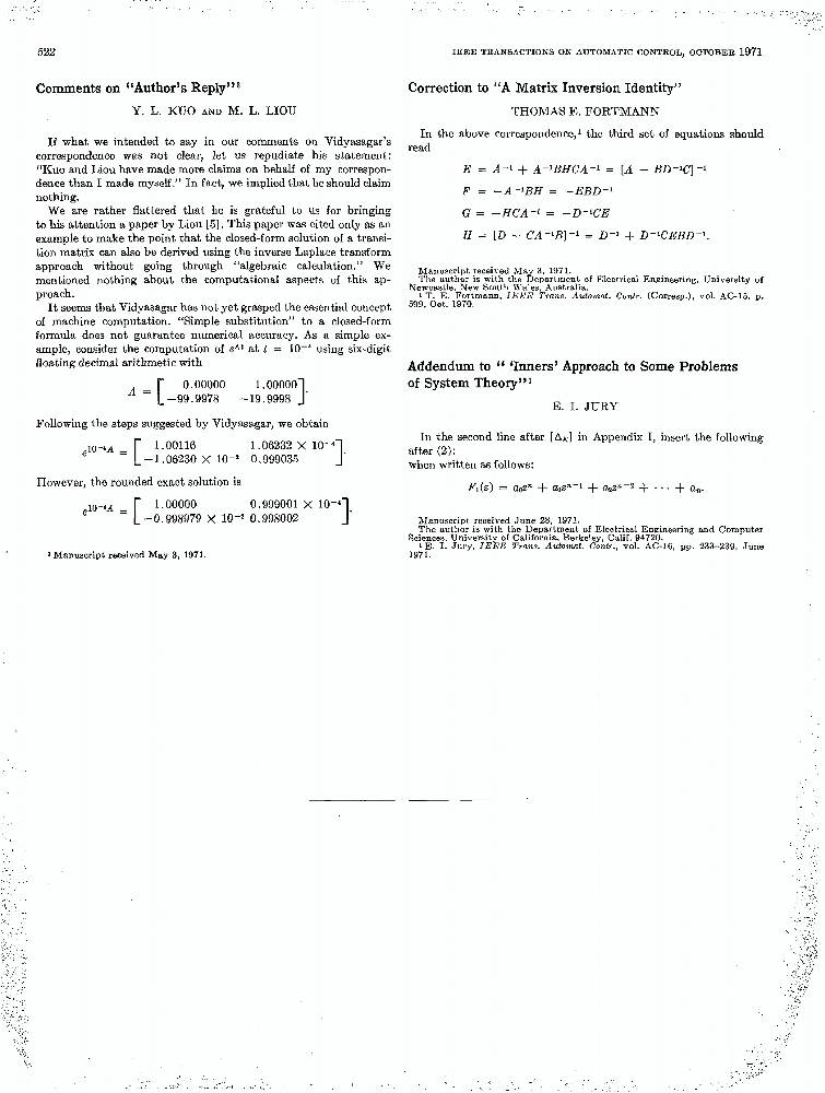 Addendum to "́Innerś approach to some problems of system theory" | IEEE ...
