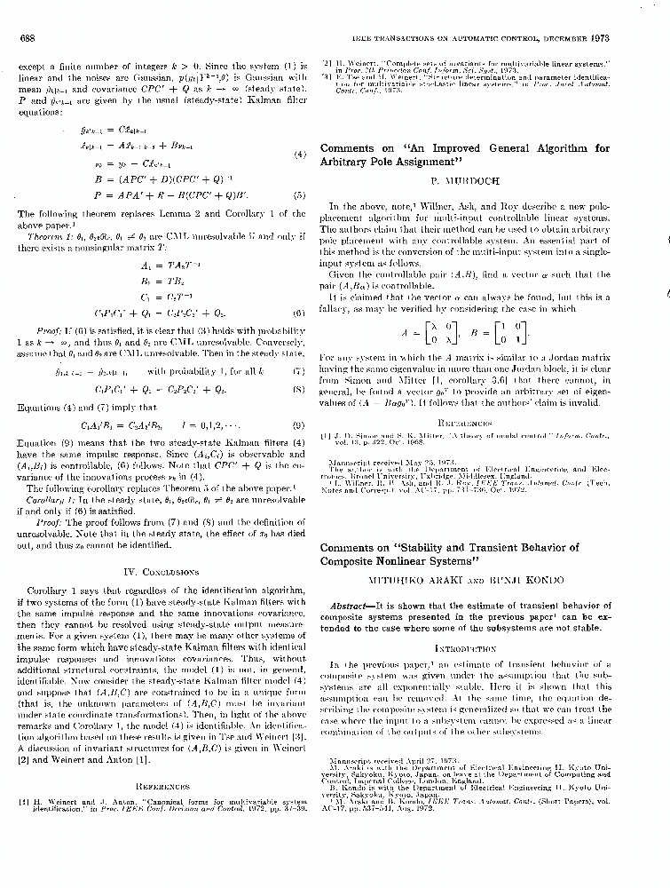 Comments On An Improved General Algorithm For Arbitrary Pole Assignment Ieee Journals