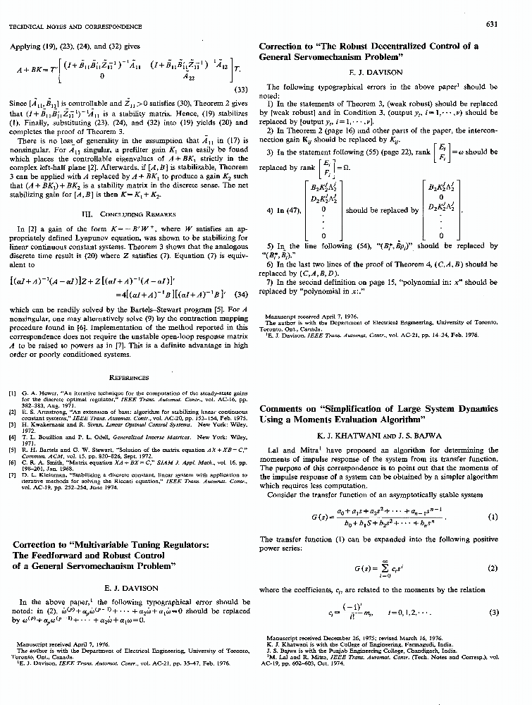 Correction To Multivariable Tuning Regulators The Feedforward And Robust Control Of A General