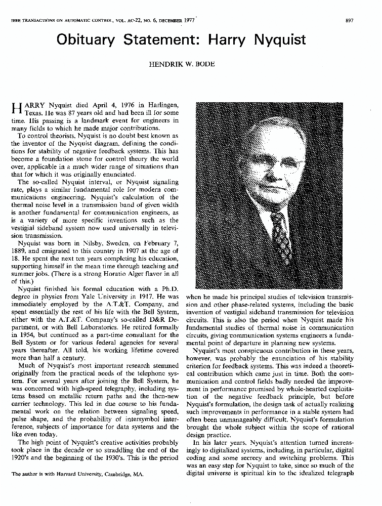 Obituary statement: Harry Nyquist | IEEE Journals & Magazine | IEEE Xplore