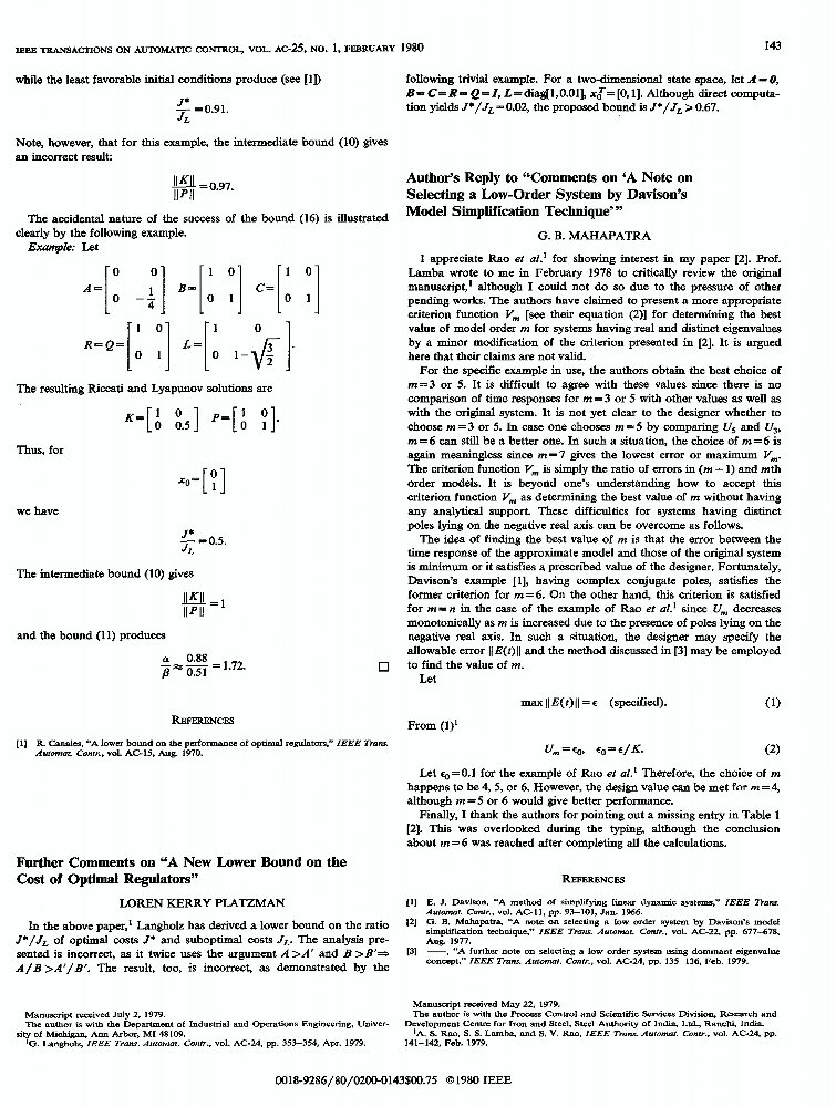 Further comments on "A new lower bound on the cost of optimal ...
