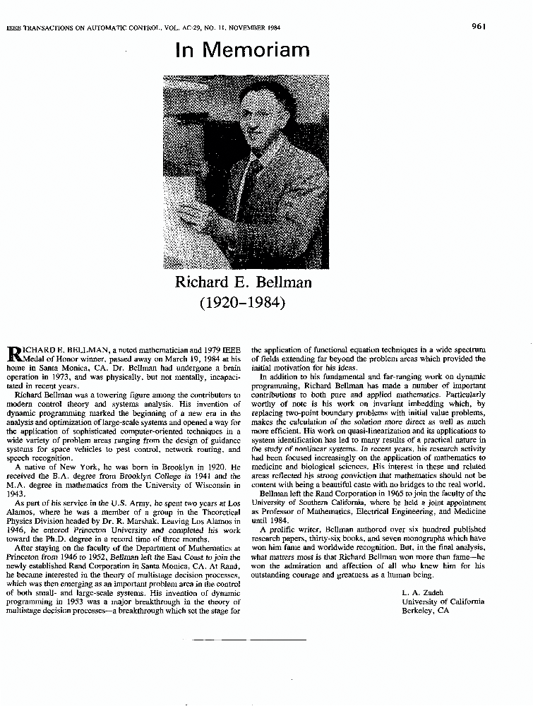 In memorium: Richard E. Bellman (1920-1984) | IEEE Journals & Magazine ...