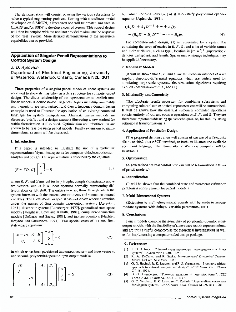 Application of singular pencil representations to control system design ...