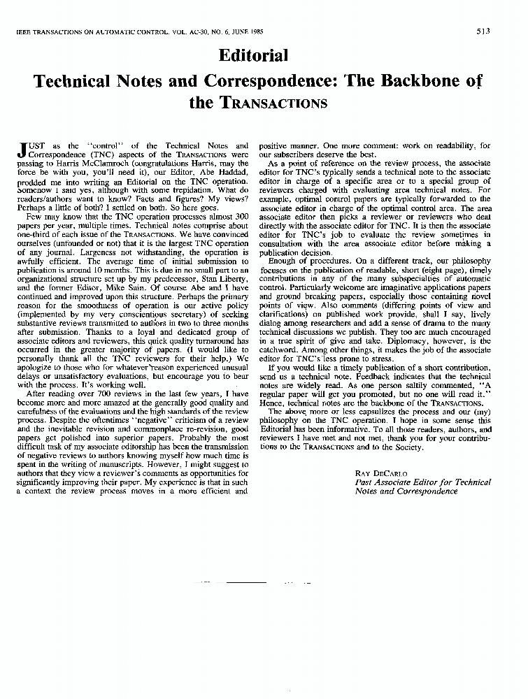 Editorial: Technical notes and correspondence: The backbone of the ...