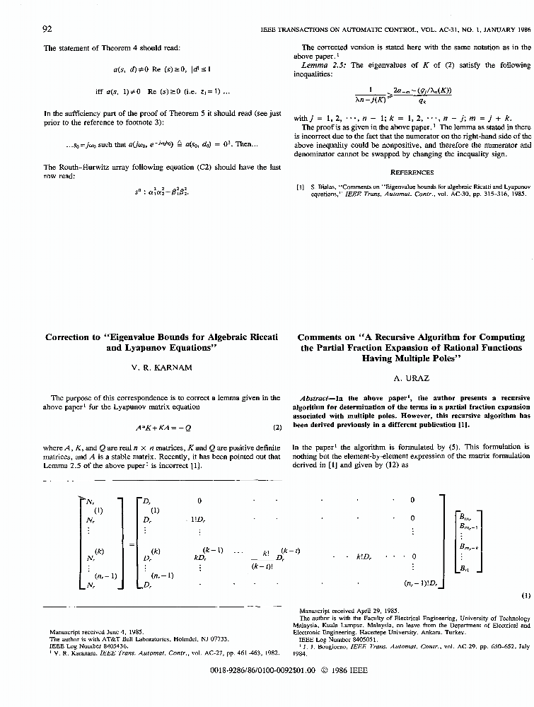 Correction To Eigenvalue Bounds For Algebraic Riccati And Lyapunov Equations Ieee Journals