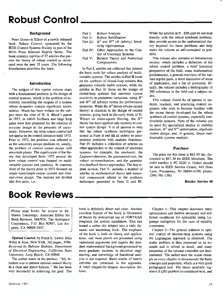 Book reviews - Optimal control | IEEE Journals & Magazine | IEEE Xplore