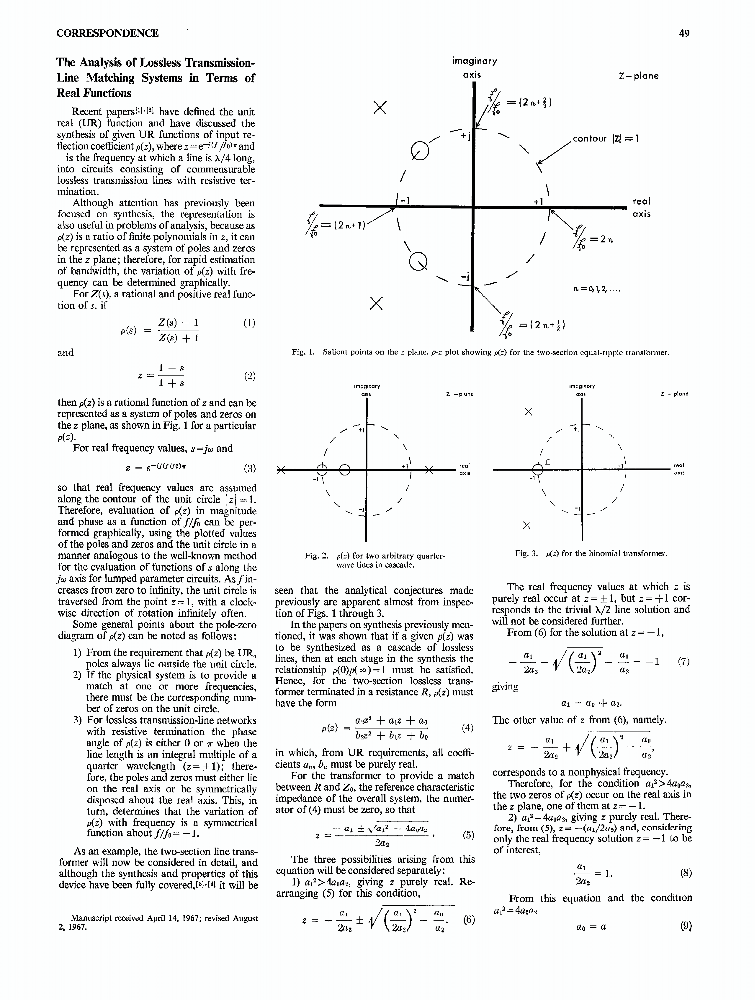 The Analysis Of Lossless Transmission Line Matching Systems In Terms Of Real Functions