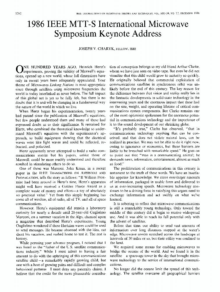 1986 IEEE MTT-S International Microwave Symposium Keynote Address (Dec ...
