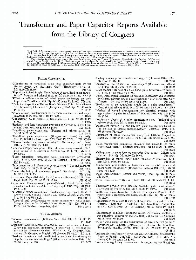 Transformer and paper capacitor reports available from the Library of ...