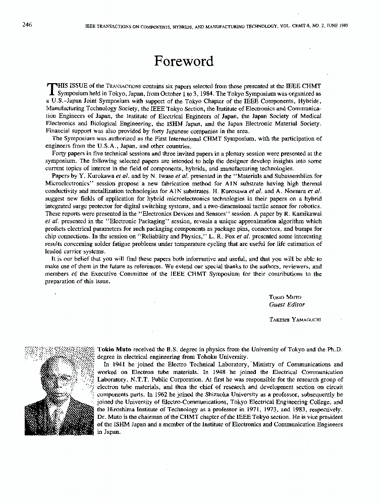 Foreword to special issue on 1984 CHMT Symposium | IEEE Journals ...