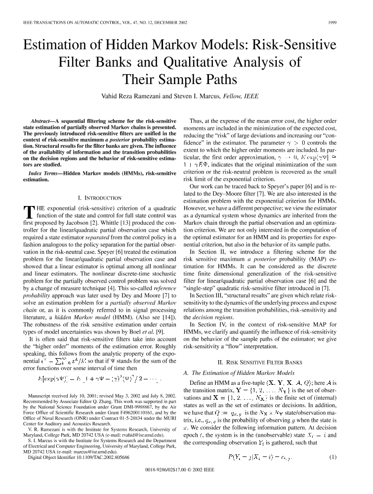Estimation of hidden markov models: risk-sensitive filter banks and qualitative analysis of ...