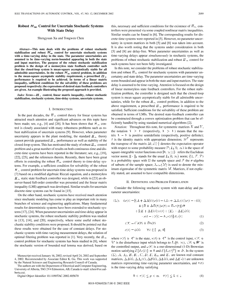 Robust H/spl infin/ control for uncertain stochastic systems with state delay | IEEE Journals ...