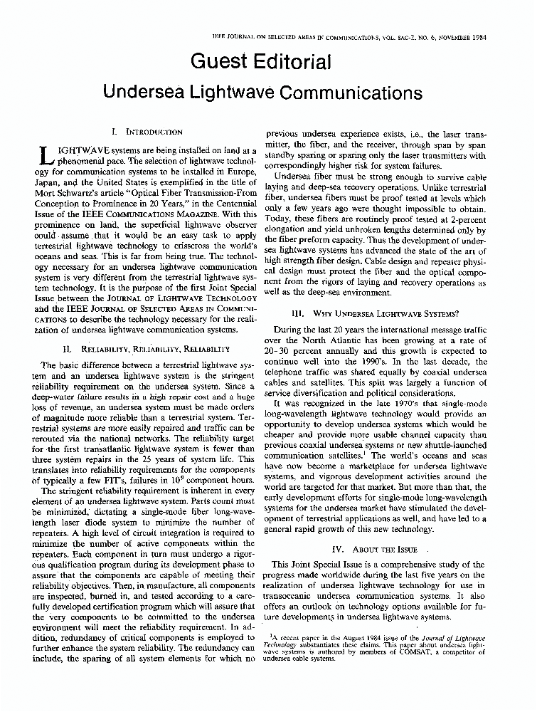 Guest Editorial: Undersea Lightwave Communications | IEEE Journals ...