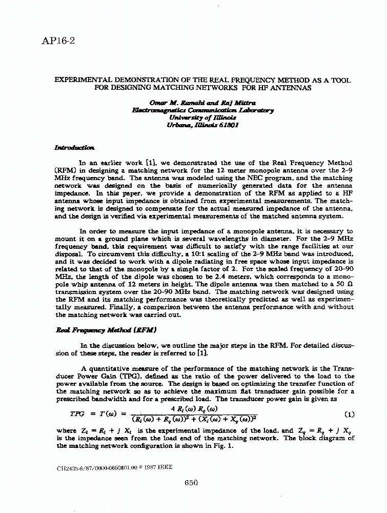 Experimental Demonstration Of The Real Frequency Method As A Tool For Designing Matching