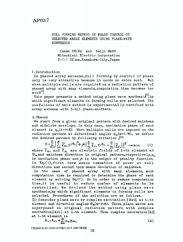 Null forming method by phase control of selected array elements using ...