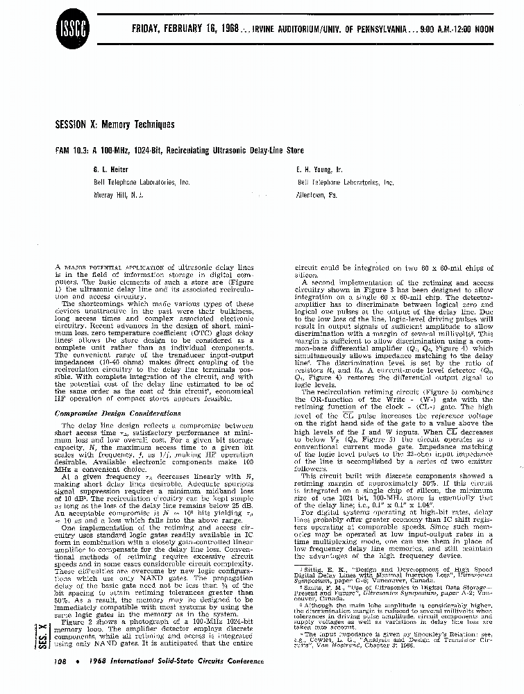 A 100-MHz, 1024-bit recirculating ultrasonic delay-line store | IEEE ...