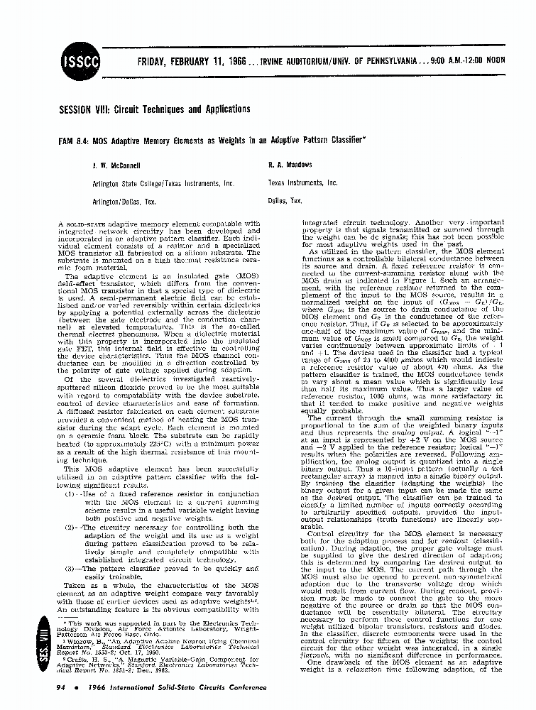 MOS adaptive memory elements as weights in an adaptive pattern ...