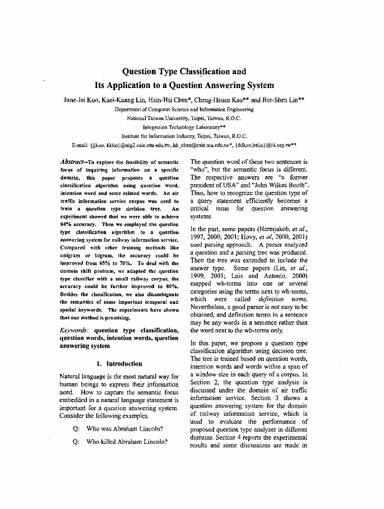 Question type classification and its application to a question ...