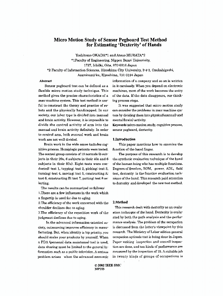 Micro motion study of sensor pegboard test method for estimating ...