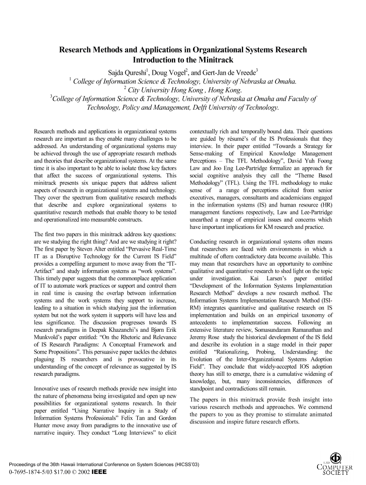 Research methods and applications in organizational systems research introduction to the ...