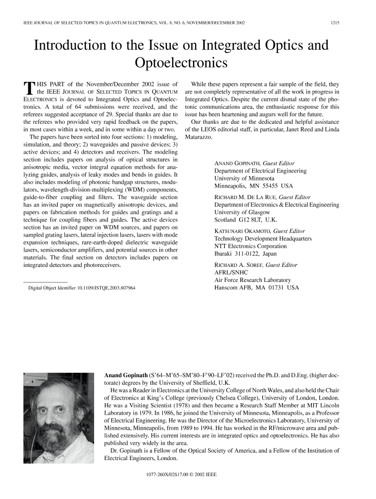 Introduction to the issue on integrated optics and optoelectronics ...
