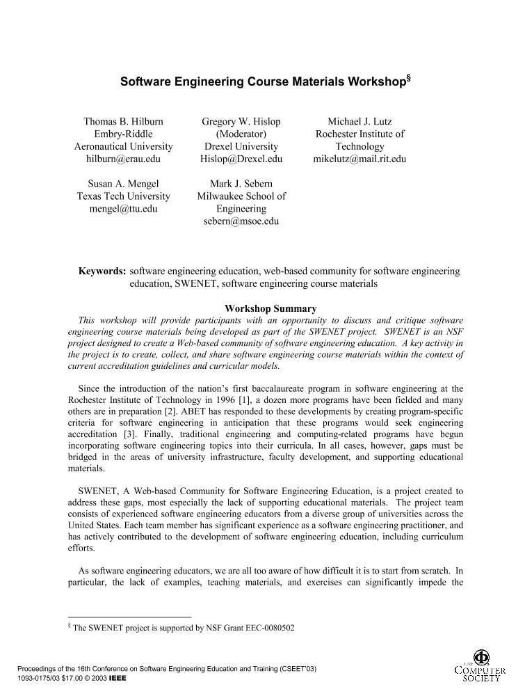 Software engineering course materials workshop | IEEE Conference ...