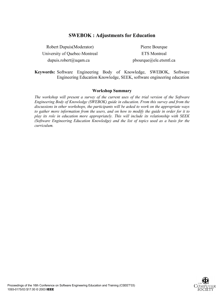 SWEBOK : adjustments for education | IEEE Conference Publication | IEEE ...