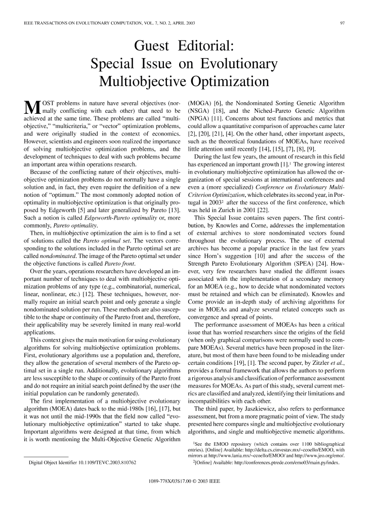 Guest editorial: special issue on evolutionary multiobjective optimization | IEEE Journals ...