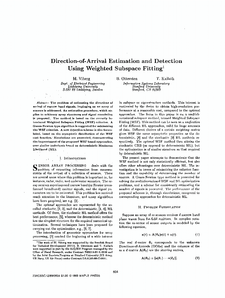Direction-of-arrival estimation and detection using weighted subspace fitting | IEEE Conference ...