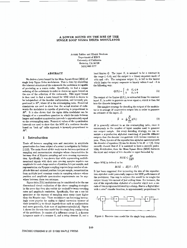 A lower bound on the MSE of the single loop sigma delta modulator ...