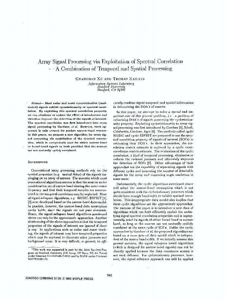 Array signal processing via exploitation of spectral correlatioll - A combination of temporal ...
