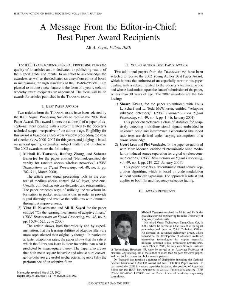 A message from the editor-in-chief: best paper award recipients | IEEE ...